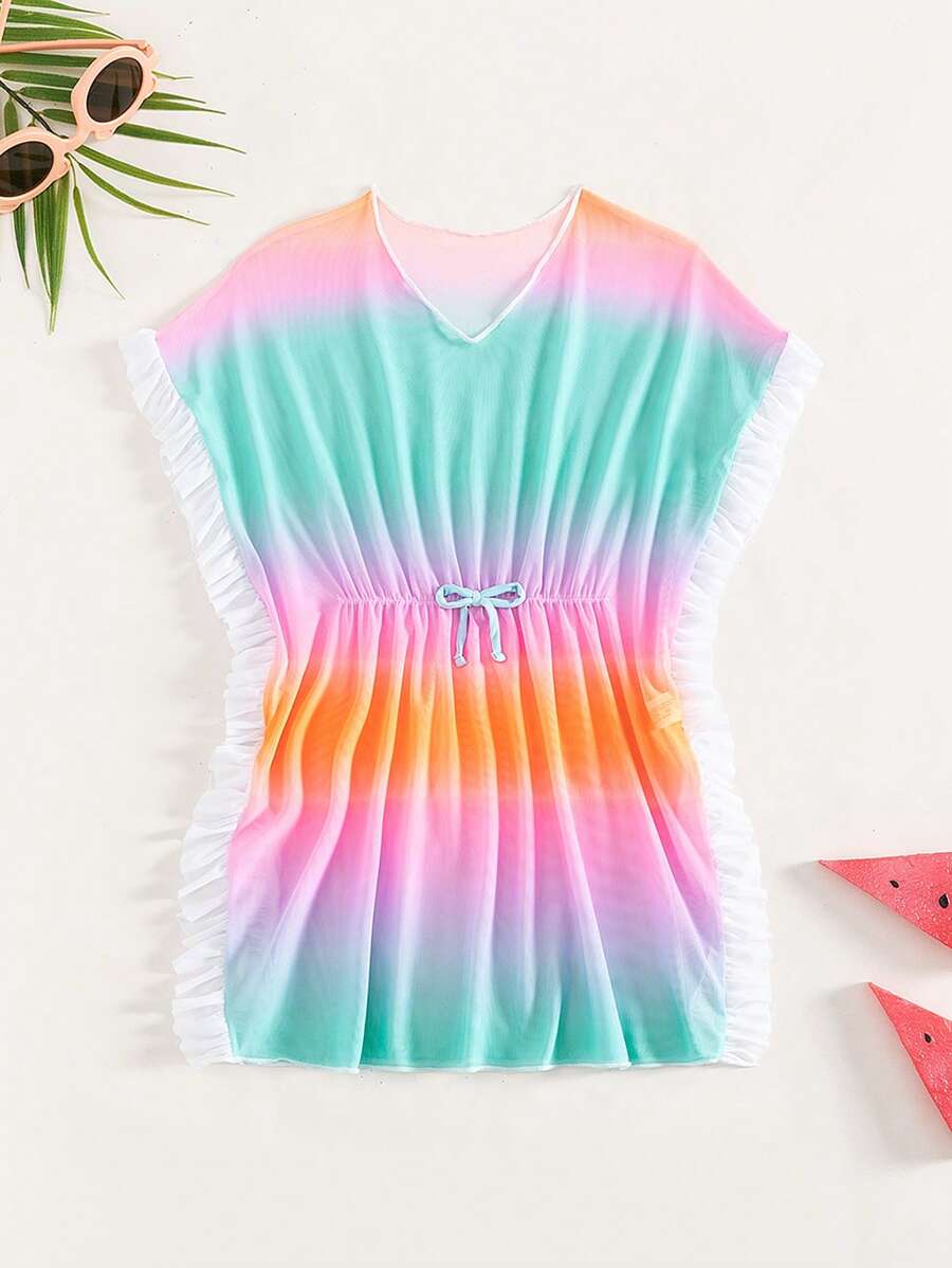 Tween Girl Ombre Ruffle Trim Knot Front Cover Up Bathing Suit Beach ...