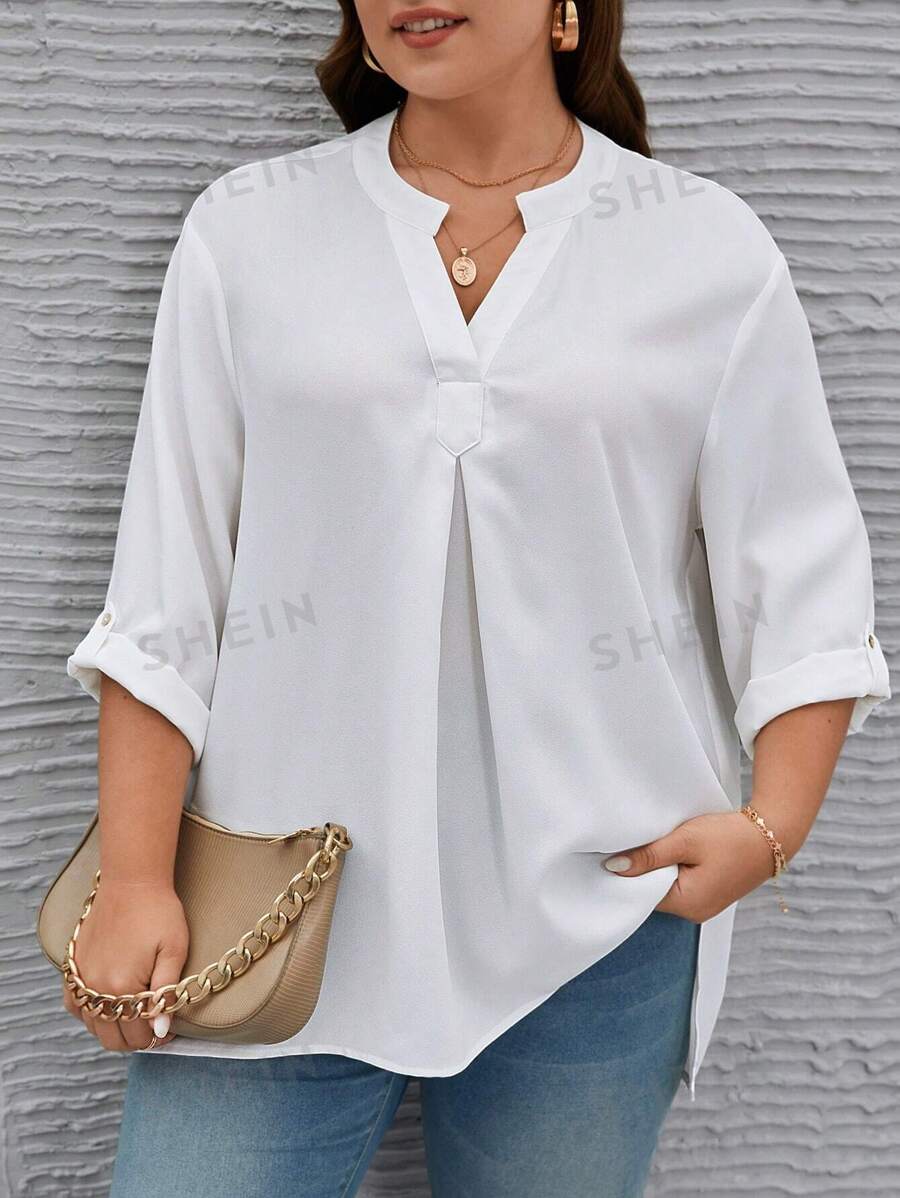 SHEIN LUNE Plus Notched Neckline Roll Tab Sleeve Fold Pleated Detail ...