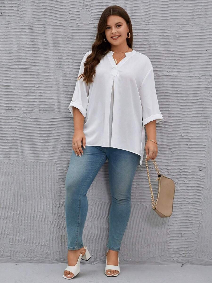 SHEIN LUNE Plus Notched Neckline Roll Tab Sleeve Fold Pleated Detail ...