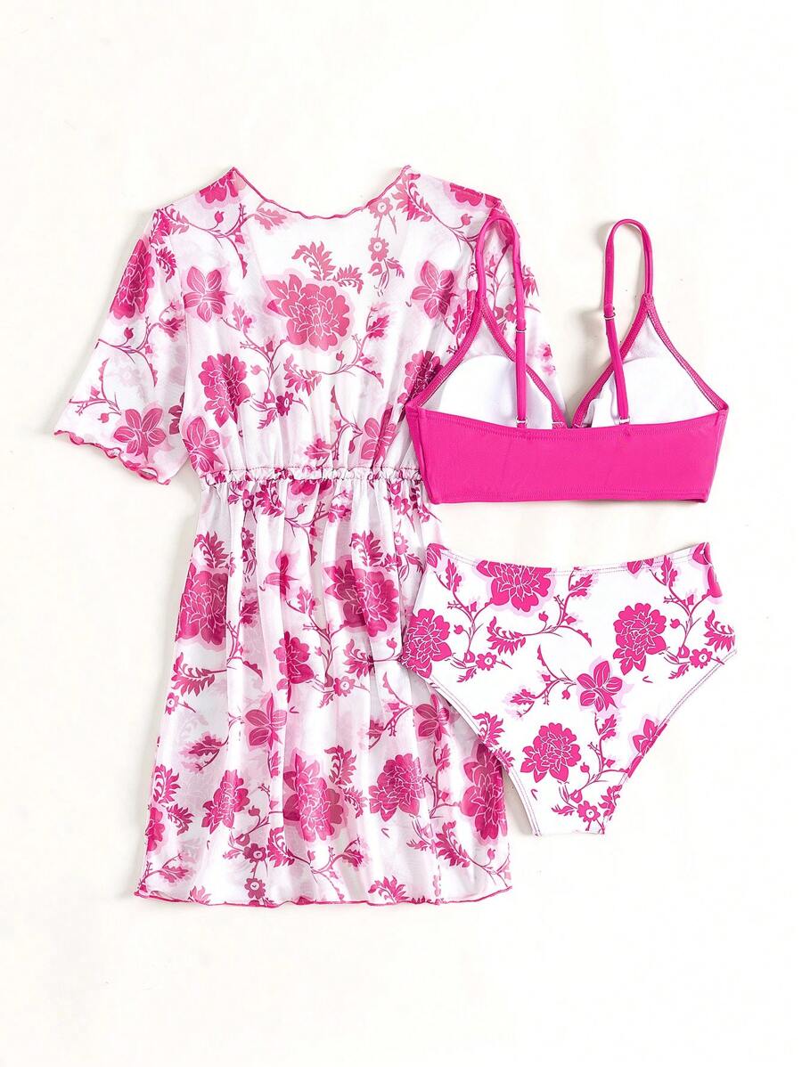 Tween Girl Floral Print Bikini Set With Kimono Summer Beach Shein Usa