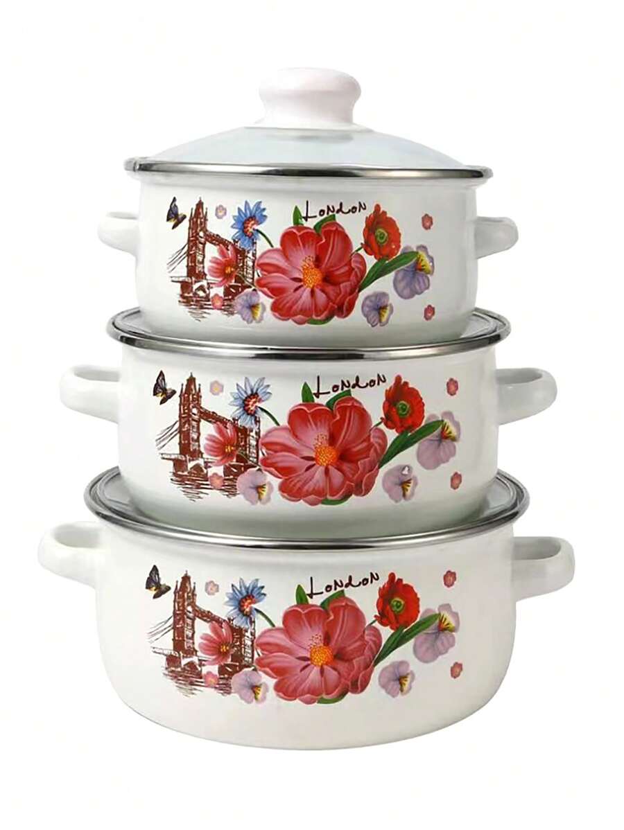 3PCS Enamel Porcelain Soup Pot With Glass Lid Kitchen & Restaurant Food ...