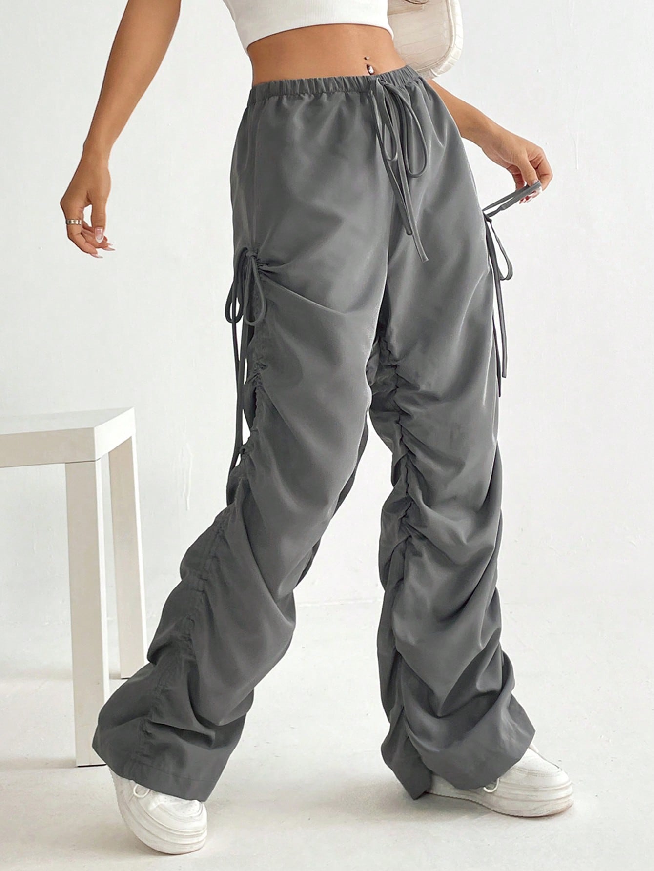 SHEIN Coolane Solid Drawstring Waist Stacked Pants | SHEIN USA