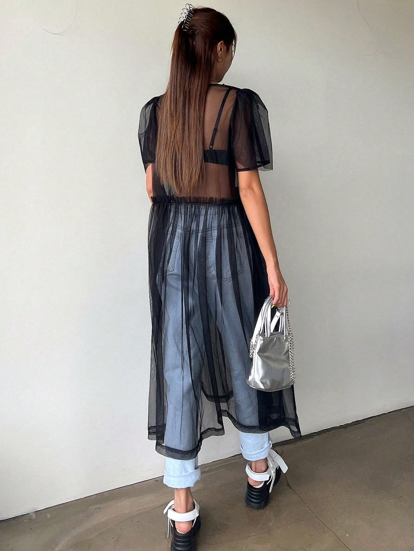 DAZY Solid Sheer Mesh Overlay Dress Without Bra | SHEIN USA