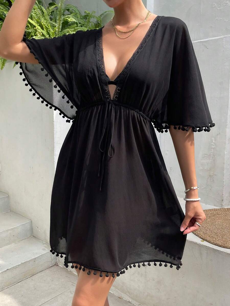 SHEIN Swim Pom Pom Trim Tie Front Cover Up Swimsuit Cover Up Dress ...