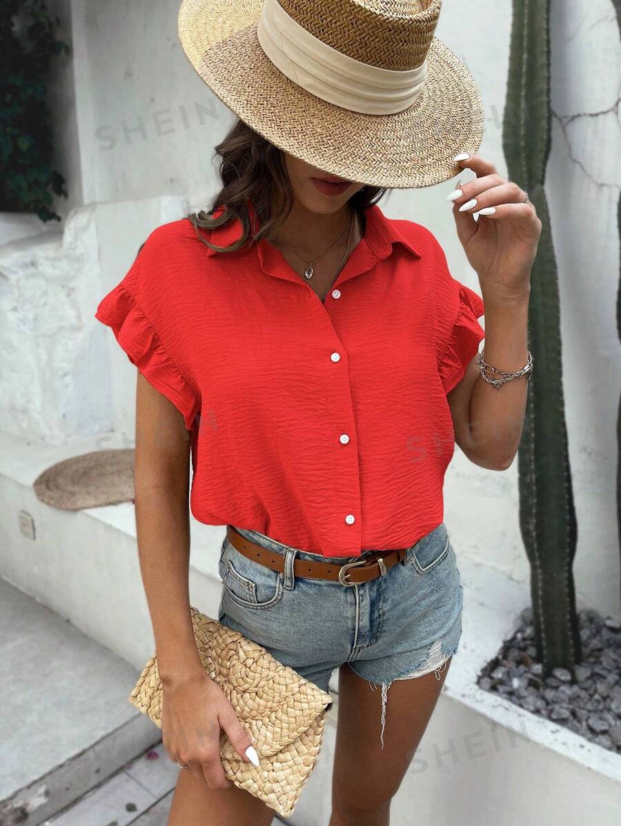 Shein Lune Solid Button Front Flounce Sleeve Shirt | Shein Usa