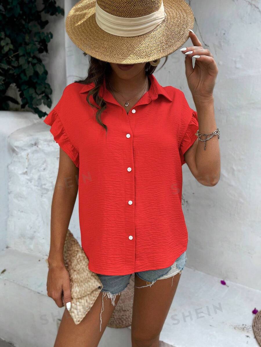 Shein Lune Solid Button Front Flounce Sleeve Shirt | Shein Usa