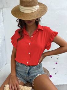 Shein Lune Solid Button Front Flounce Sleeve Shirt | Shein Usa