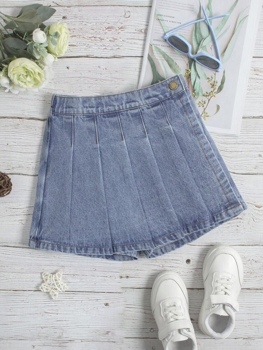 Tween Girl Solid Pleated Detail Denim Skort Summer Holiday | SHEIN USA