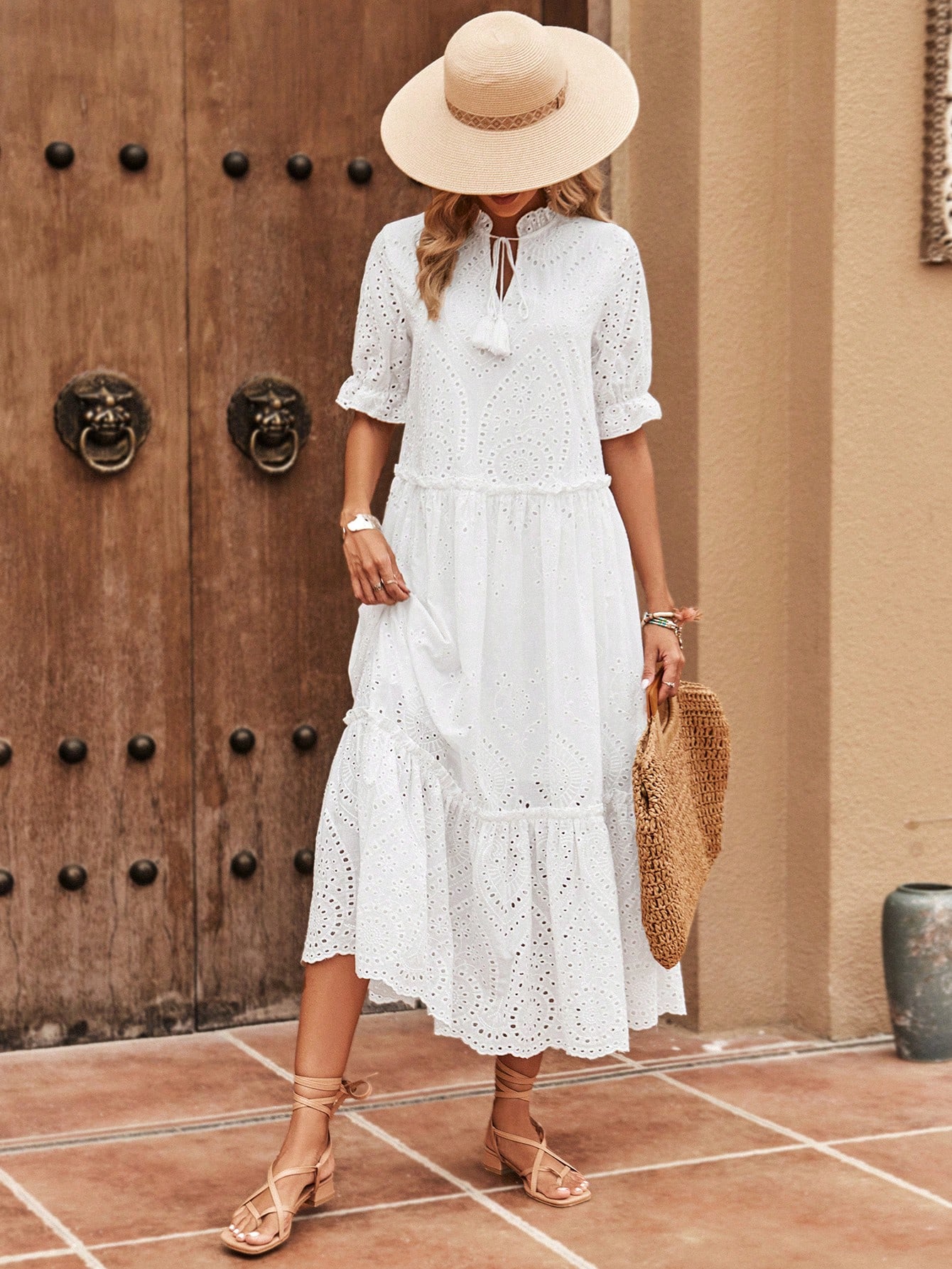 Shein Vcay Eyelet Embroidery Flounce Sleeve Ruffle Hem Smock Dress