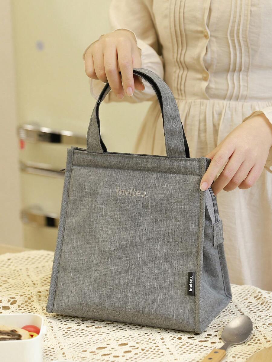 Letter Graphic Lunch Bag Double Handle Gray Lunch Tote Bag Insulated ...