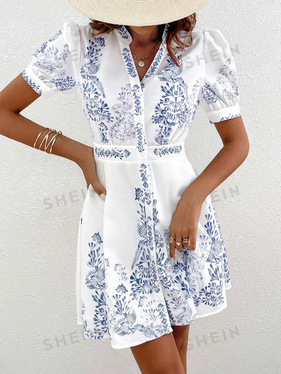 SHEIN VCAY Summer Woman Blue & White Floral Print Puff Sleeves Button ...