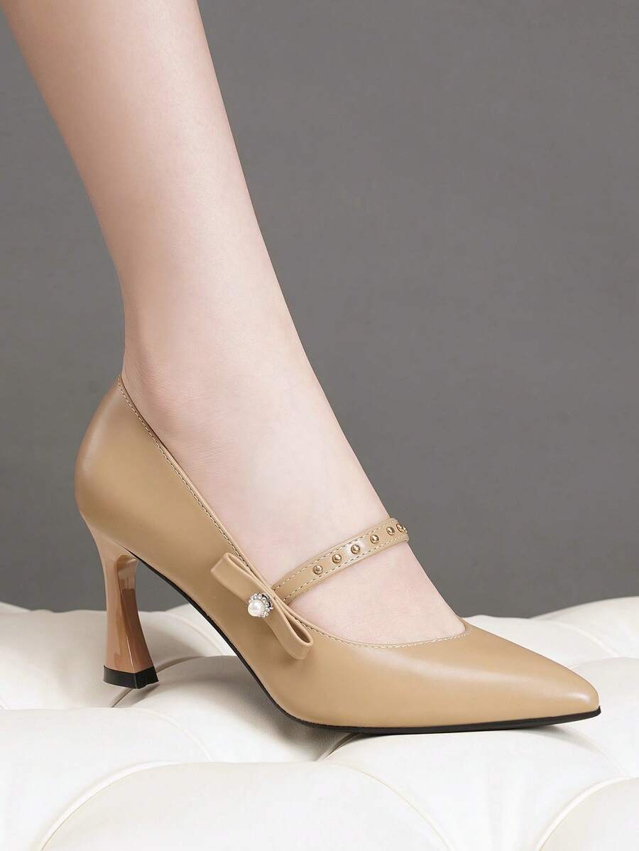 Women Rhinestone & Bow Decor Point Toe Pyramid Heeled Pumps, Elegant ...
