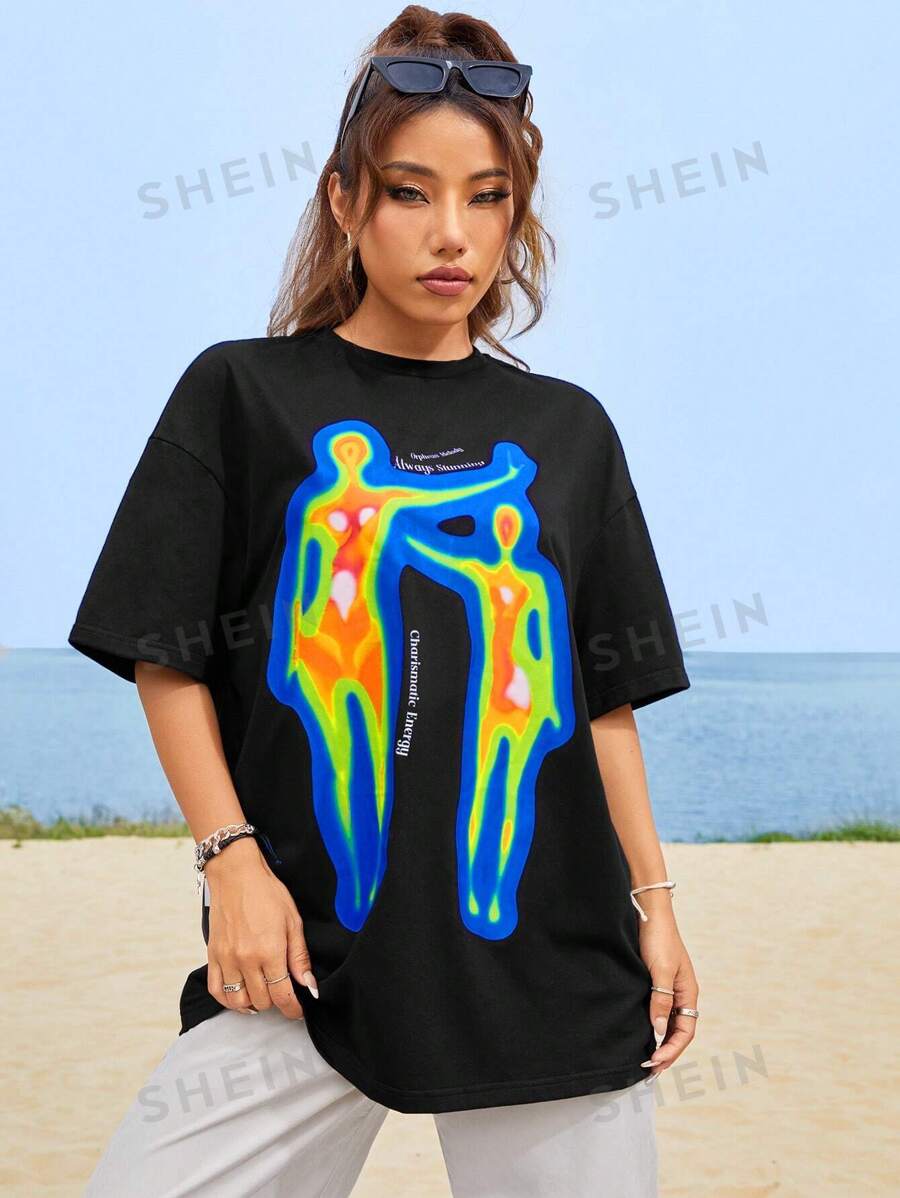 SHEIN EZwear Body Heat Map Print Drop Shoulder Tee Orphean Melody ...