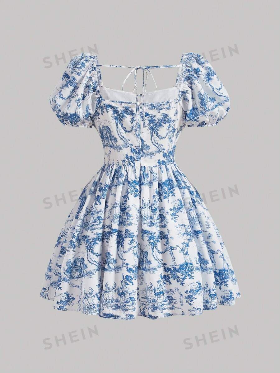 SHEIN MOD Figure and Plants Print Puff Sleeve Tie Back Dress | SHEIN USA