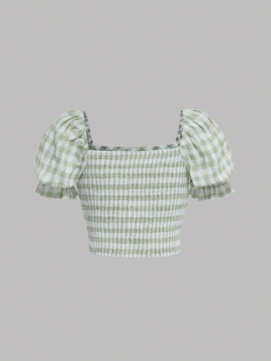 Shein Tween Girl Gingham Print Twist Front Puff Sleeve Crop Blouse