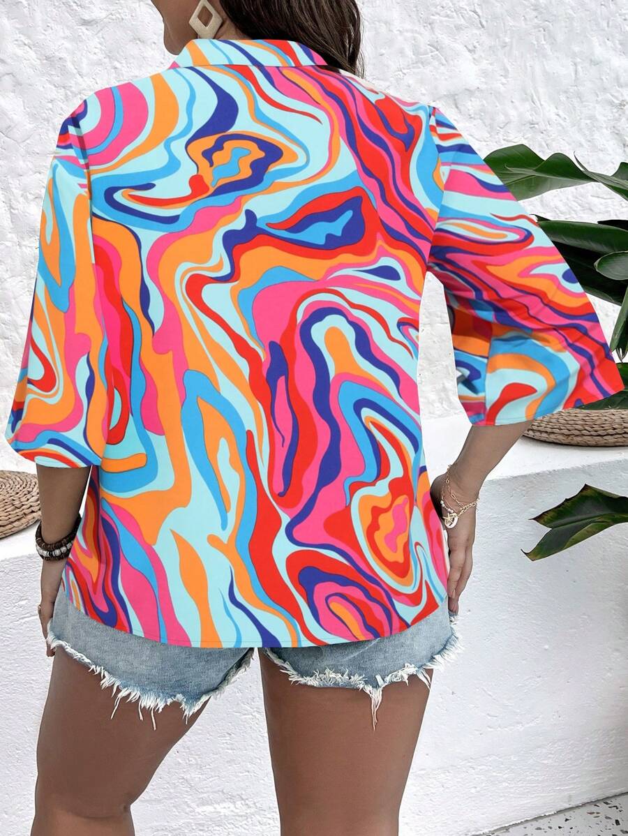 Shein Lune Plus Allover Print Roll Tab Sleeve Blouse Shein Usa