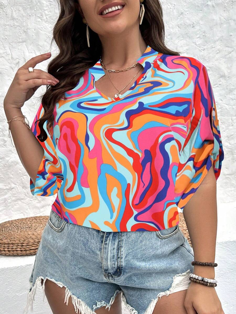 Shein Lune Plus Allover Print Roll Tab Sleeve Blouse Shein Usa