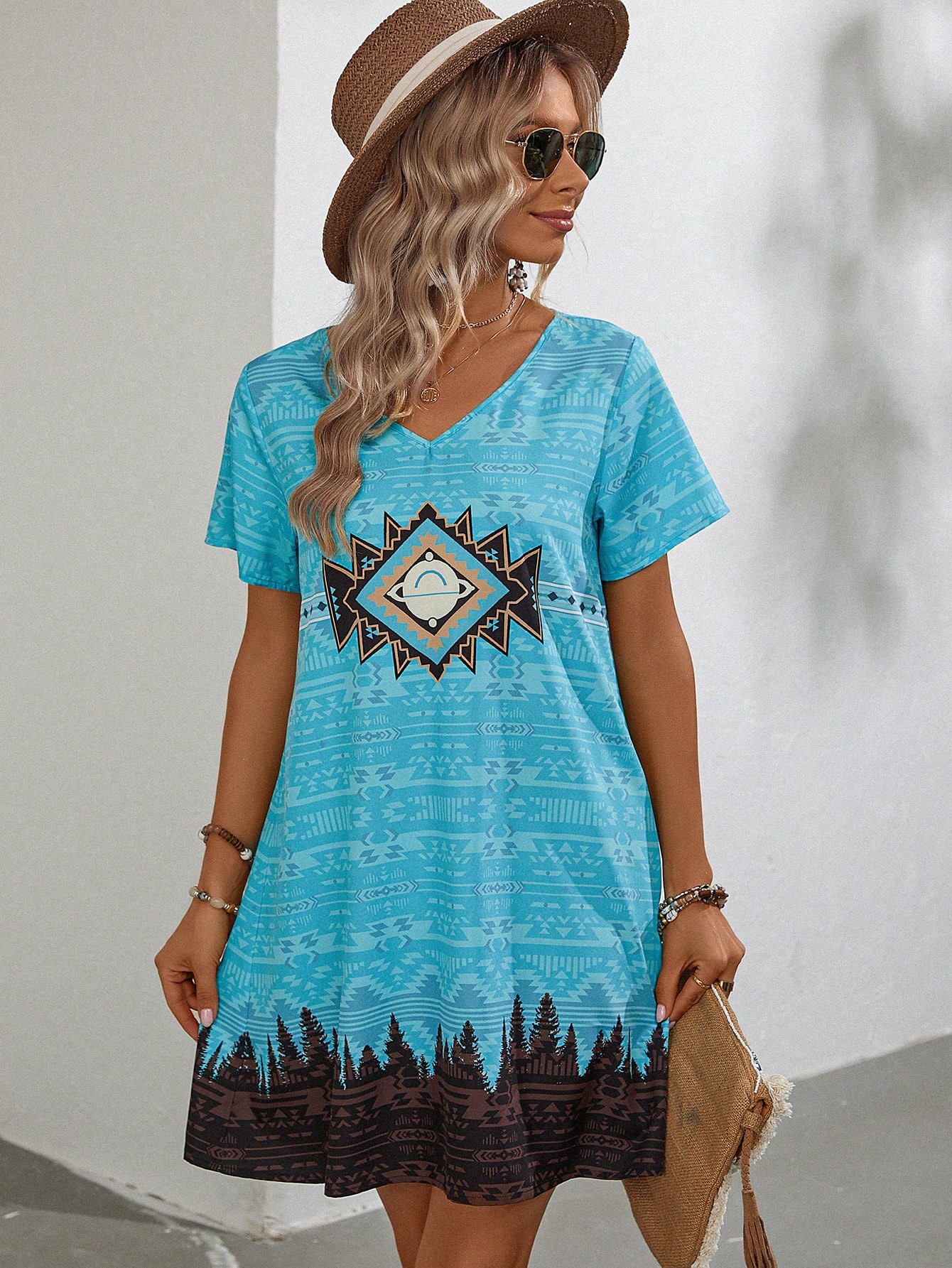 EMERY ROSE Geo Print V Neck Tee Dress | SHEIN UK