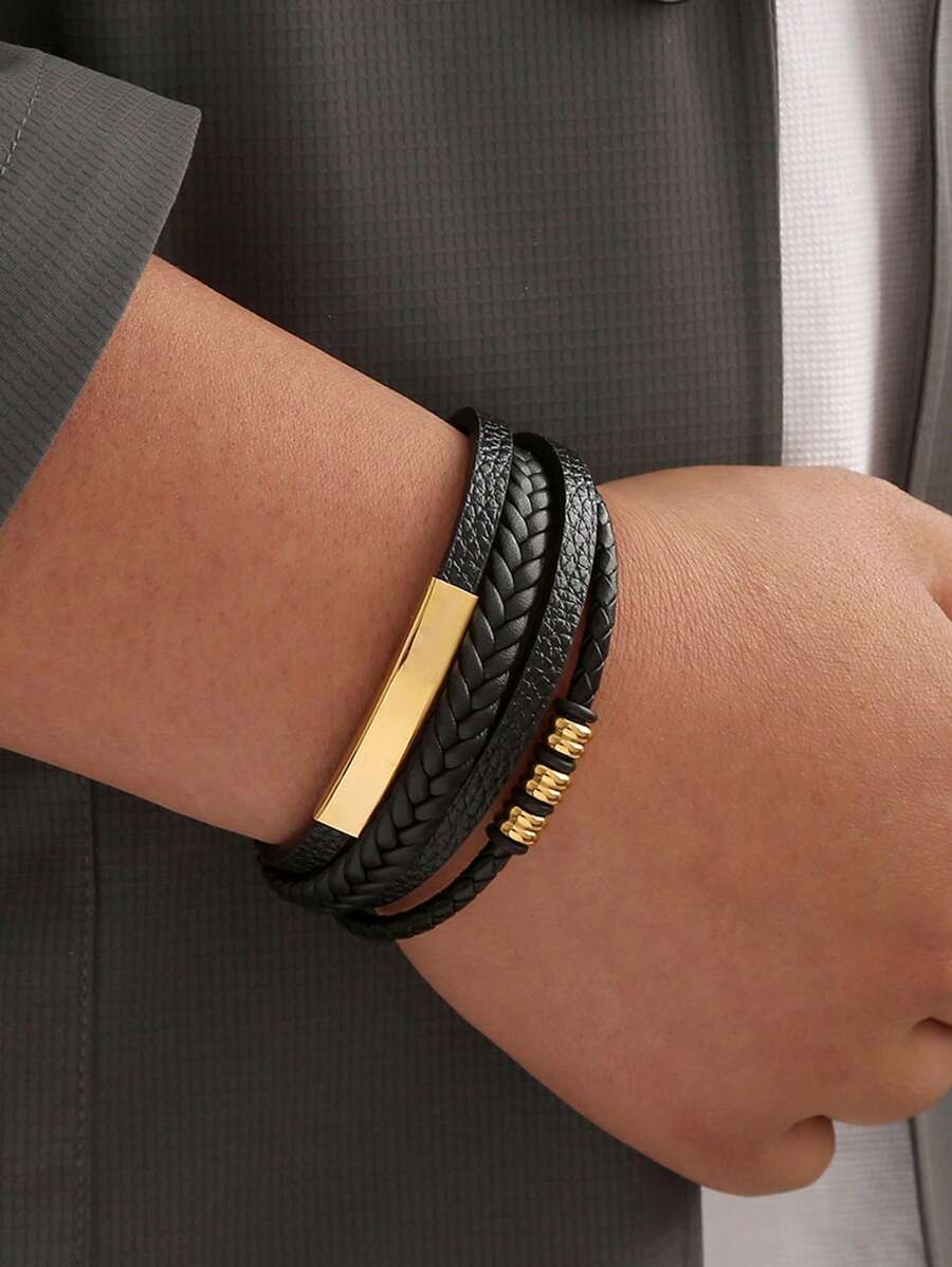 1pc Vintage PU Polyurethane Litchi Embossed Braided Detail String ...