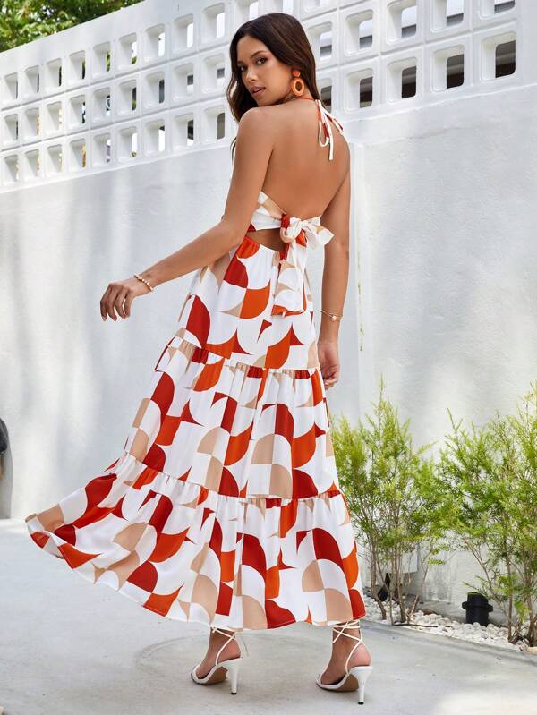 SHEIN VCAY Vestido con estampado con abertura fruncido delantero bajo con fruncido de cuello ...