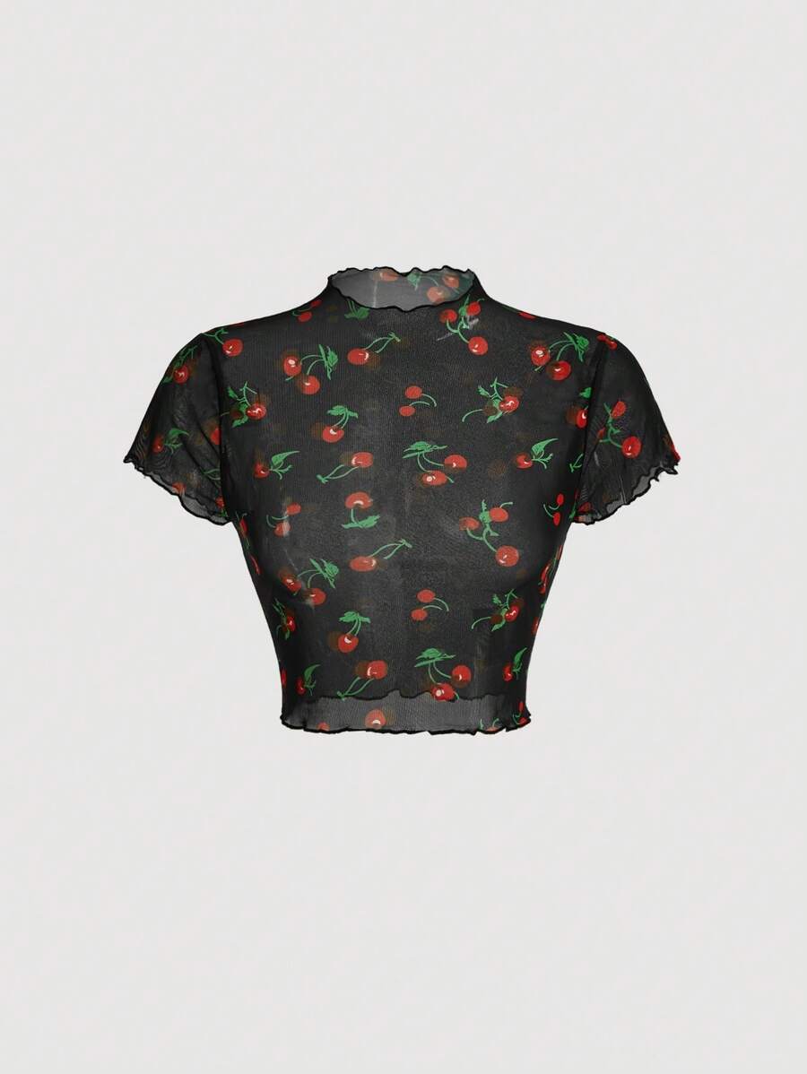 Shein Mod Cherry Print Lettuce Trim Mesh Top Shein Usa