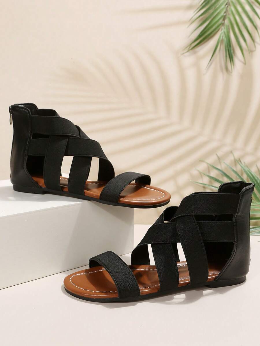 Women Criss Cross Zip Back Ankle Strap Sandals, Elegant Outdoor Black ...