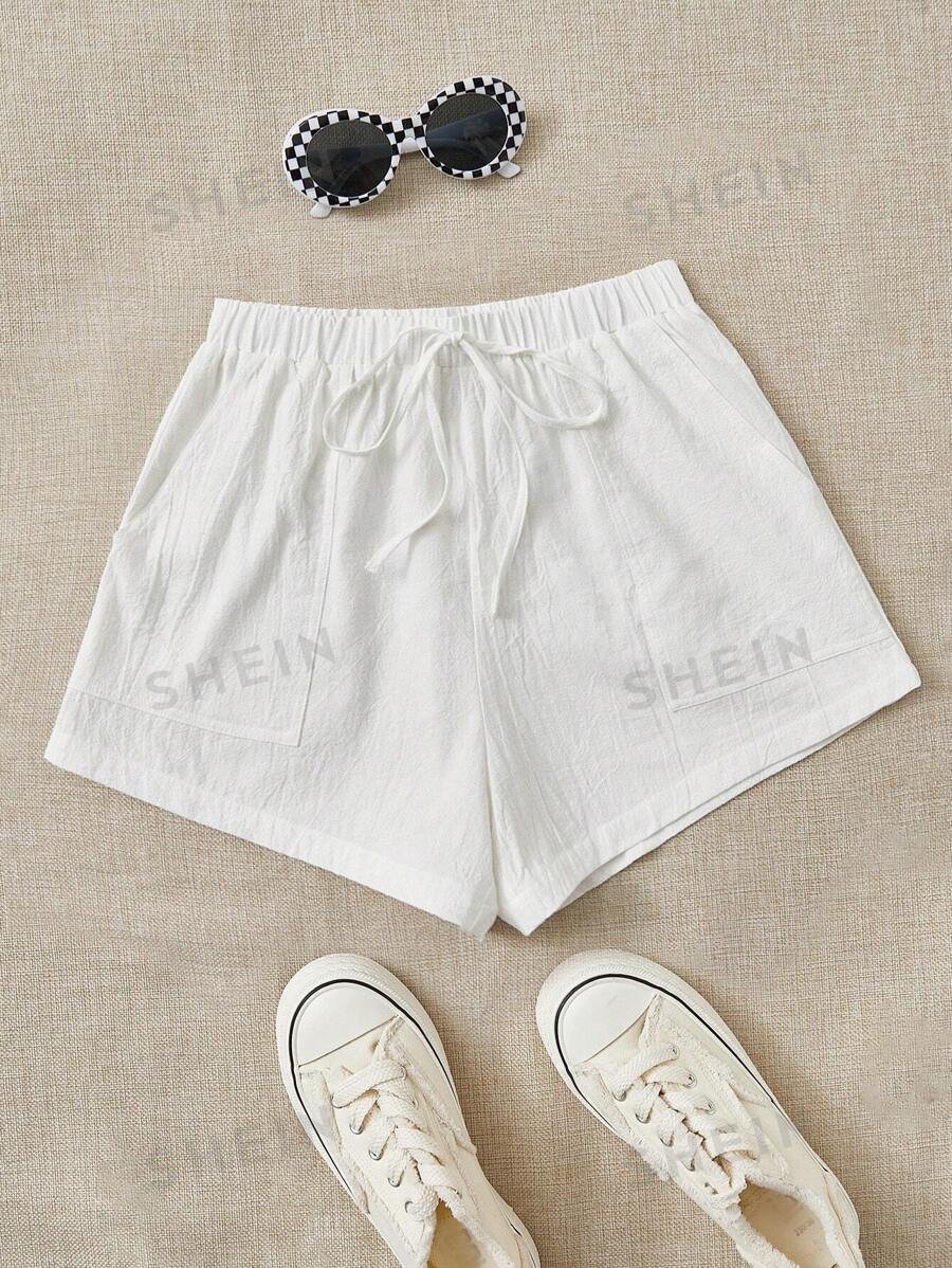 SHEIN EZwear Summer Loose And Casual White Tie Waist Slant Pocket ...