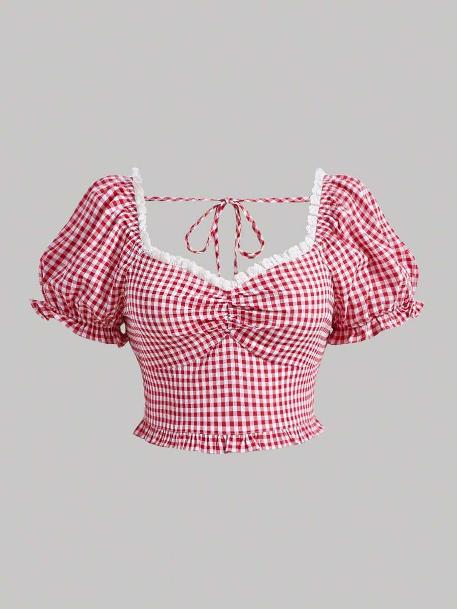 SHEIN MOD Plus Gingham Print Tie Back Puff Sleeve Ruched Bust Frill Trim Blouse | SHEIN USA