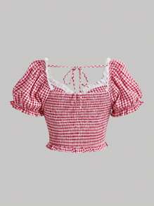 SHEIN MOD Plus Gingham Print Tie Back Puff Sleeve Ruched Bust Frill Trim Blouse | SHEIN USA