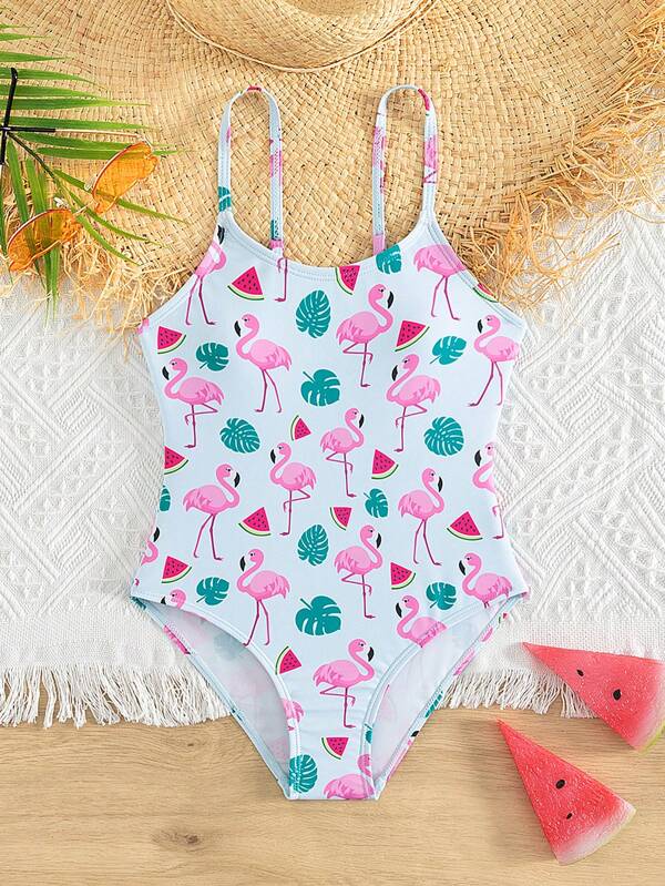SHEIN Kids QTFun Girls Flamingo Print Cami One Piece Swimsuit | SHEIN USA