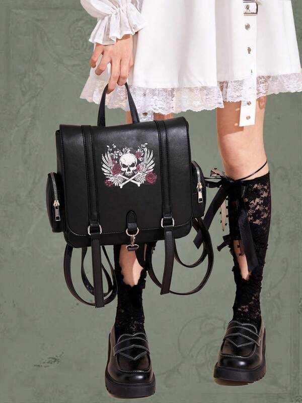 Goth Skull & Wing Pattern Flap Backpack | SHEIN USA