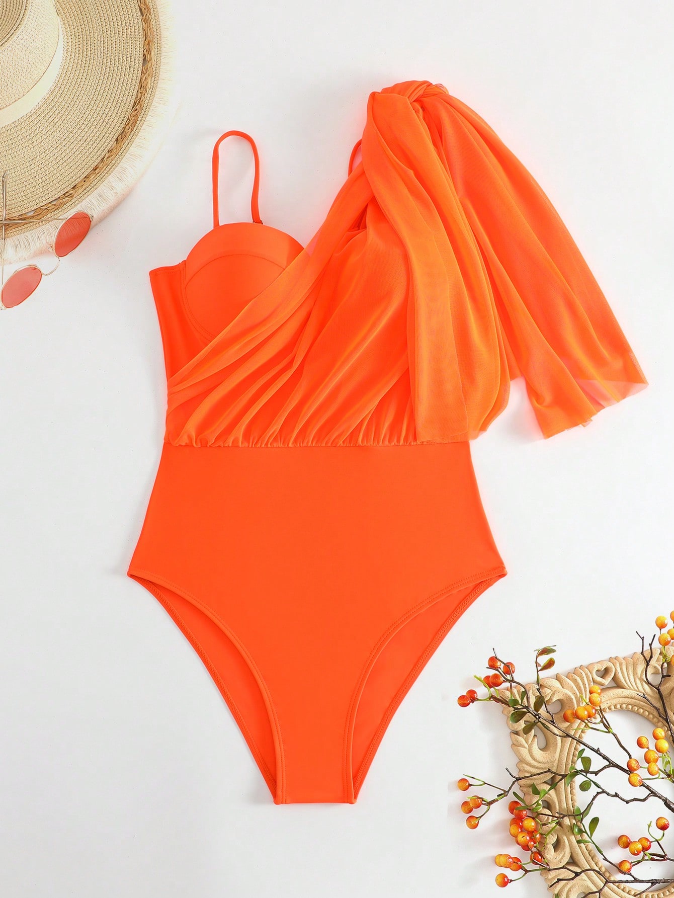 SHEIN Swim Vcay Solid Mesh Hem Push Up One Piece Swimsuit | SHEIN USA