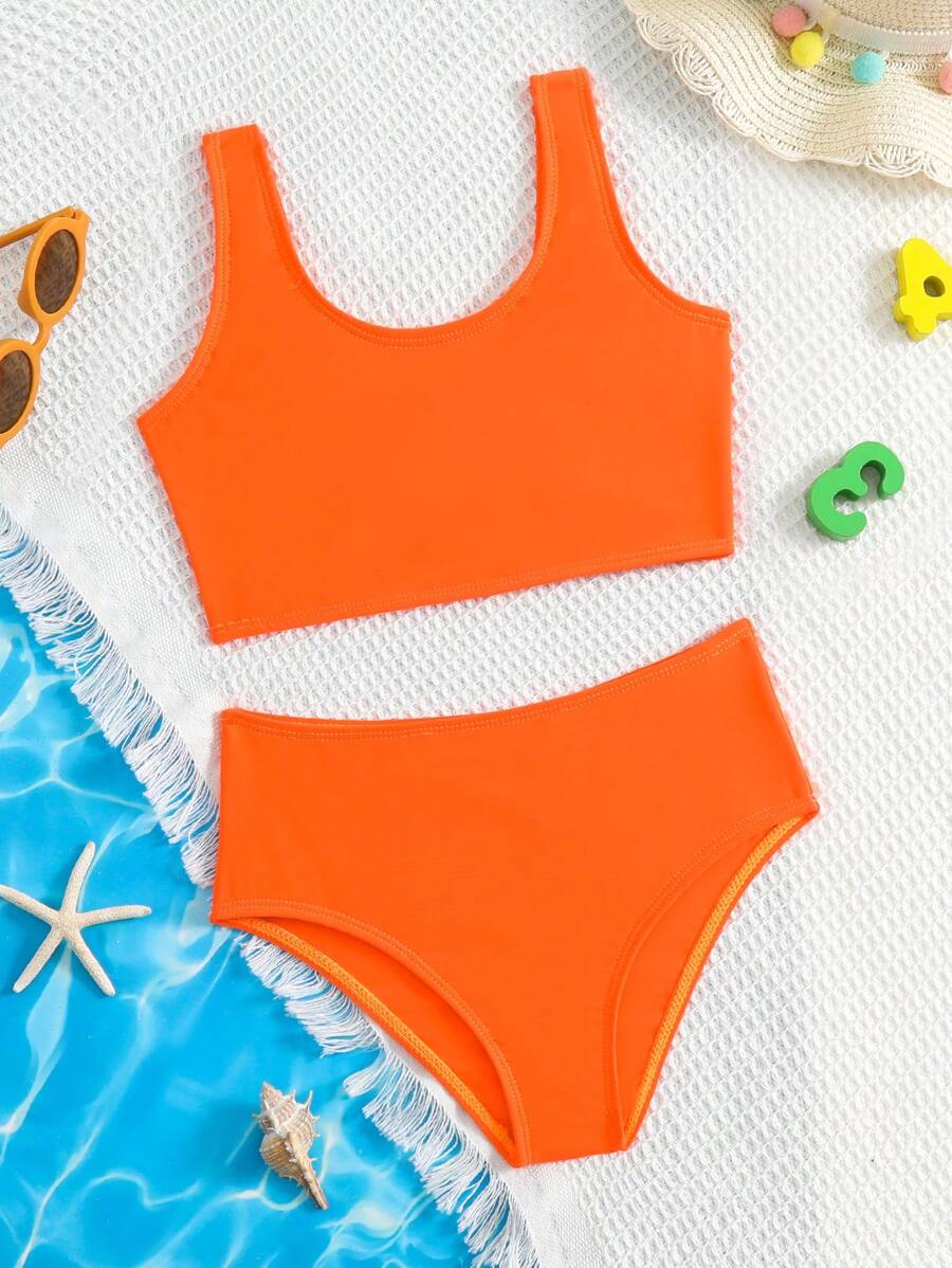 Young Girl Two-Piece Bikini Set, Solid Color Sleeveless For Little Girl ...