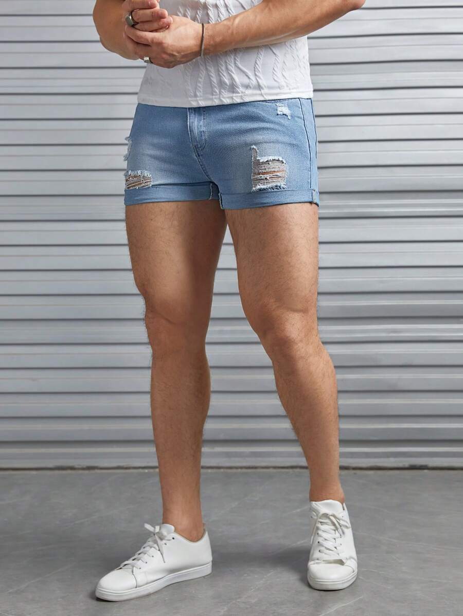 Manfinity Modomio Heren Denim shorts Katoen Gescheurde Gerafeld Rolzoom ...