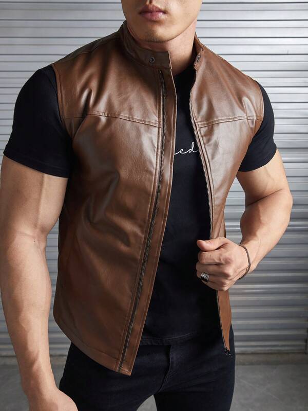 Manfinity Homme Men Zip Up PU Leather Vest Jacket Without Tee | SHEIN USA