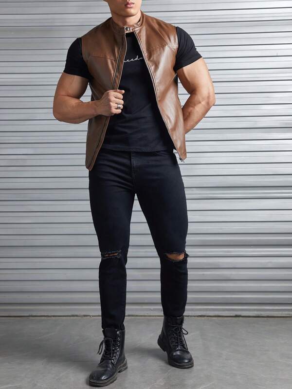 Manfinity Homme Men Zip Up PU Leather Vest Jacket Without Tee | SHEIN USA