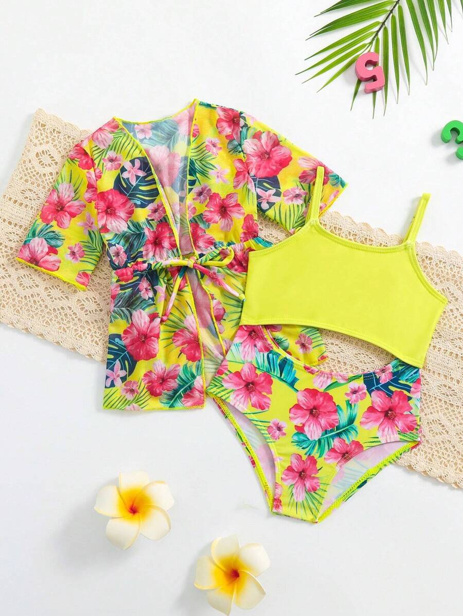Baby Girl Floral Print Cut Out One Piece Swimsuit With Kimono,Kids ...