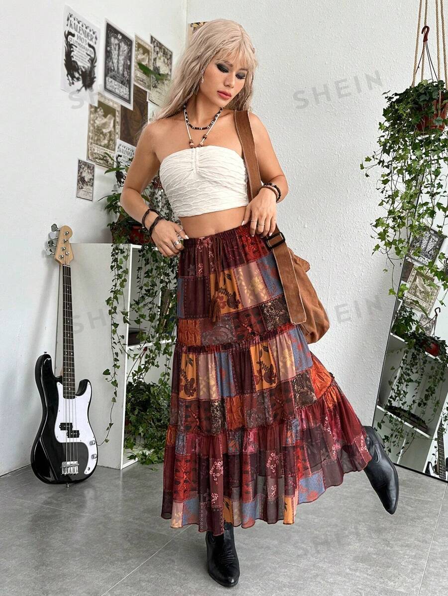 ROMWE PUNK Grunge Patchwork Print Layered Hem Skirt | SHEIN USA