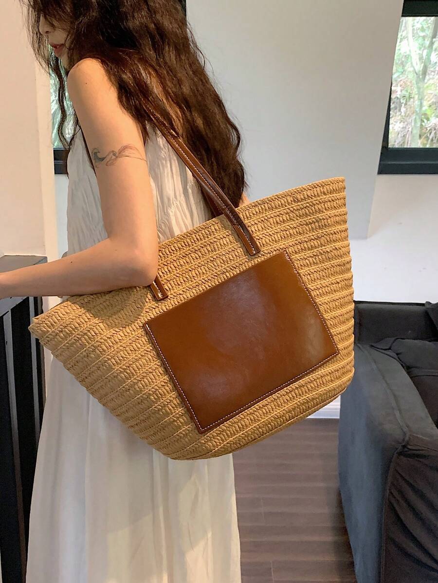 Women's fashion brown trapezoidal large capacity tote straw beach beach ...