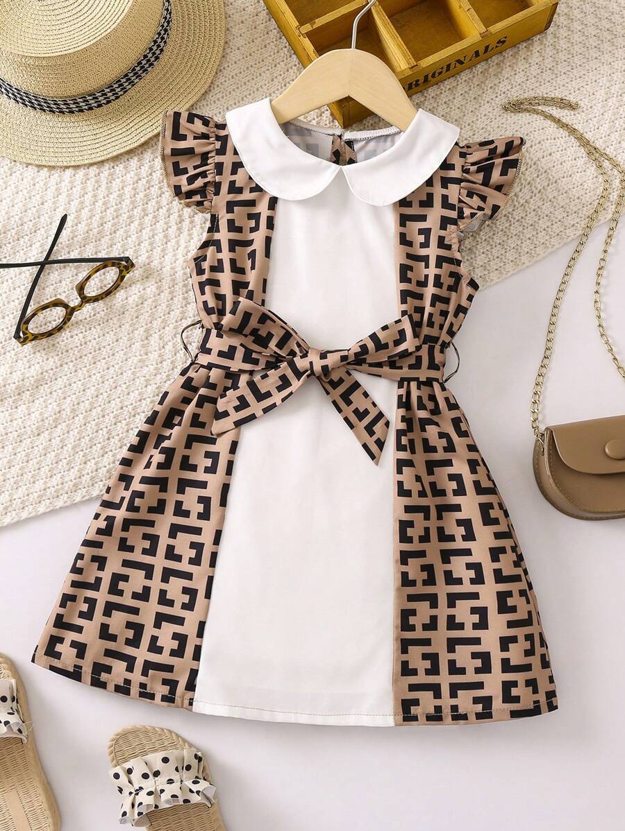 SHEIN Vestido Com Gola Peter Pan E Cinto Com Estampa Geométrica E ...