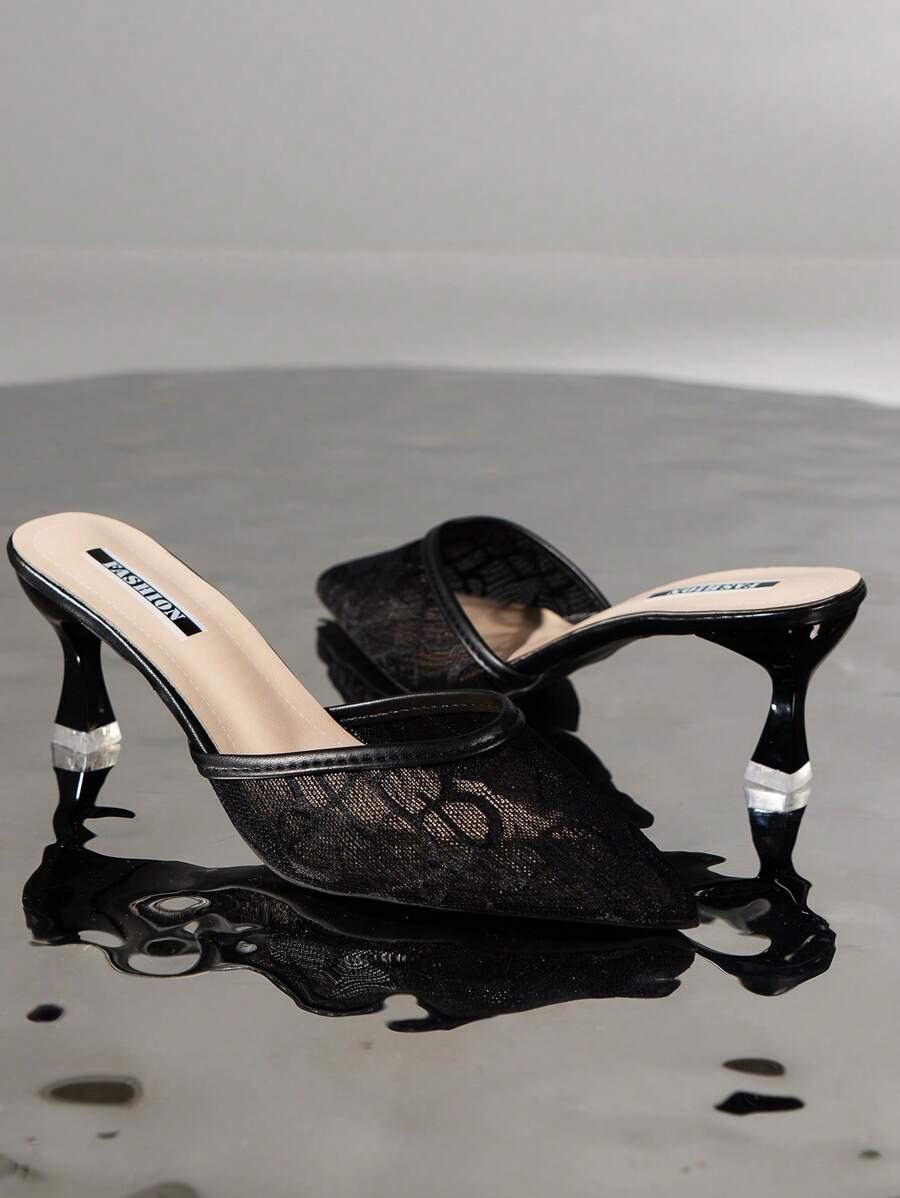 Women Letter Embroidered Pyramid Heeled Pumps, Elegant Black Mesh Mule ...