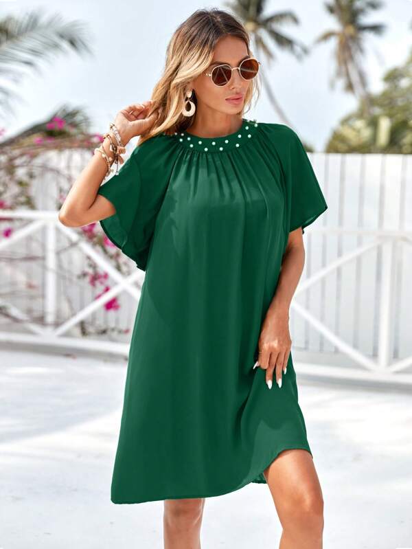 Shein Clasi Pearls Beaded Raglan Sleeve Tunic Dress Shein Usa