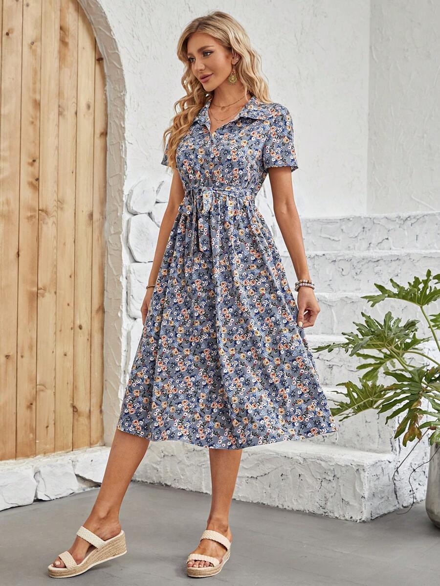 EMERY ROSE Ditsy Floral Print Belted Shirt Dress | SHEIN USA
