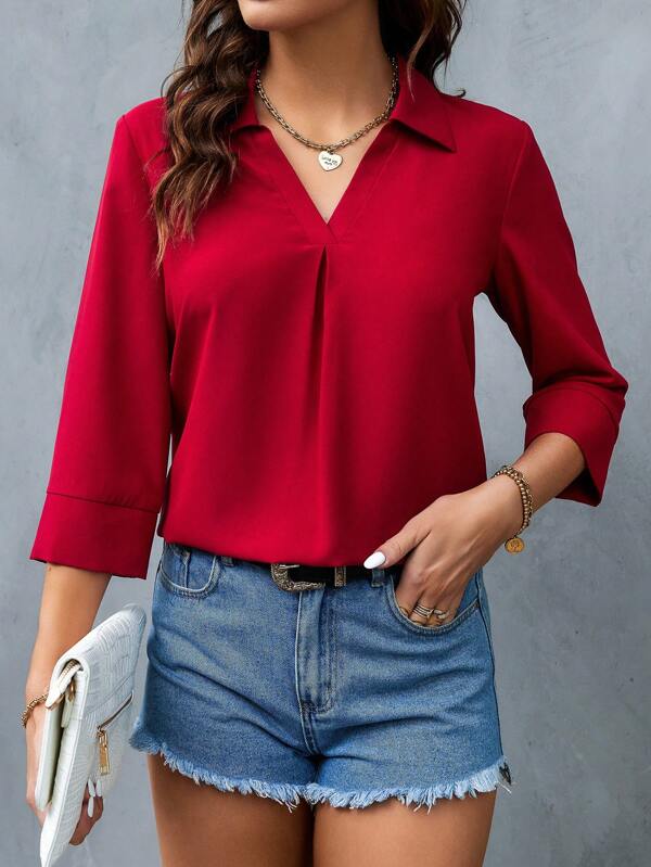SHEIN LUNE Solid Fold Pleated Blouse | SHEIN USA