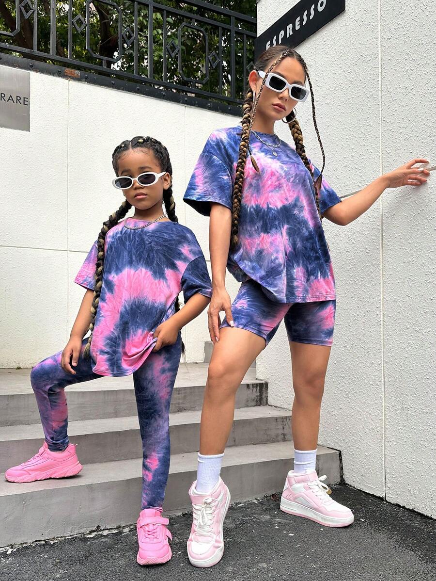 SHEIN Tween Girls' Tie Dye Short Sleeve Top And Pants Set Family ...