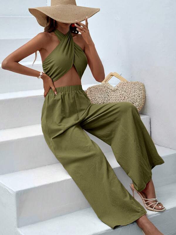 SHEIN VCAY Criss Cross Tie Backless Halter Top & Wide Leg Trousers ...