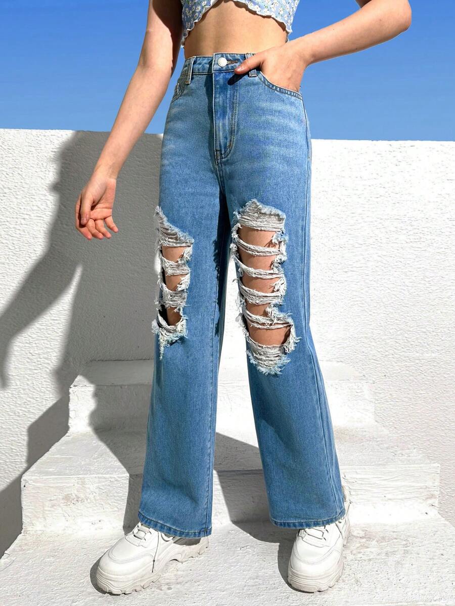 SHEIN Teen Girls Ripped Straight Leg Jeans | SHEIN USA