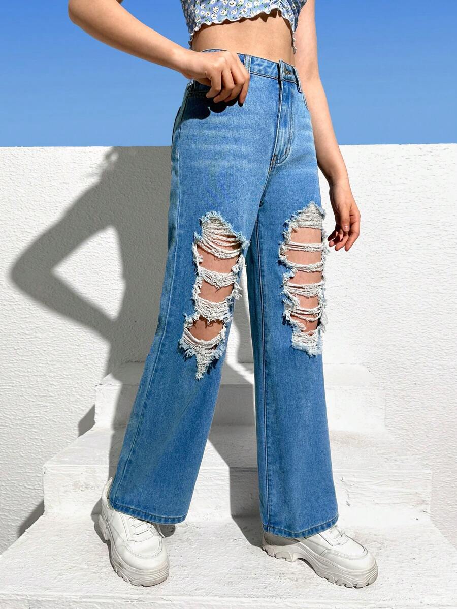SHEIN Teen Girls Ripped Straight Leg Jeans | SHEIN USA
