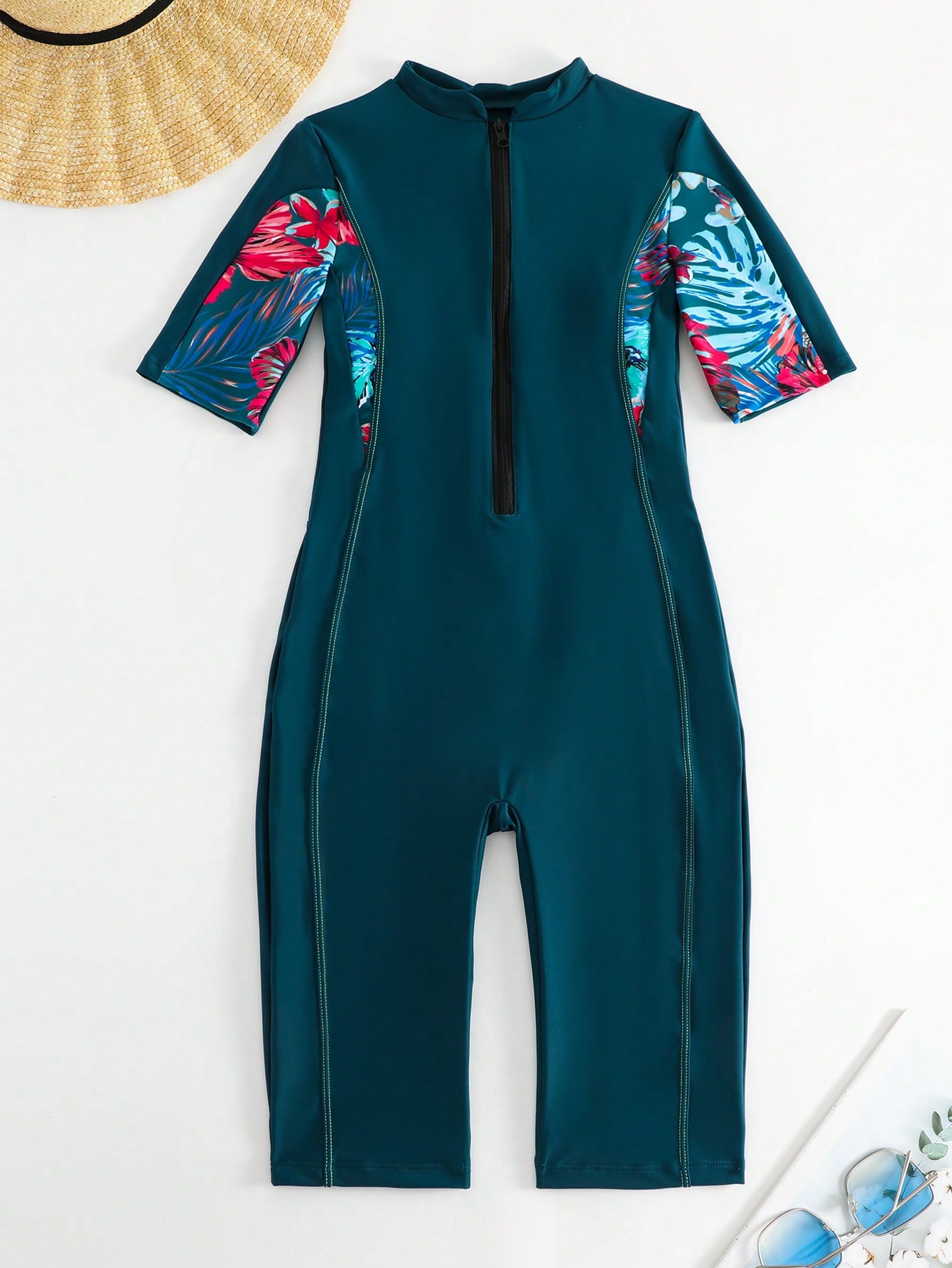 SHEIN Swim SPRTY Tropical Print Zipper Front One Piece Swimsuit | SHEIN USA