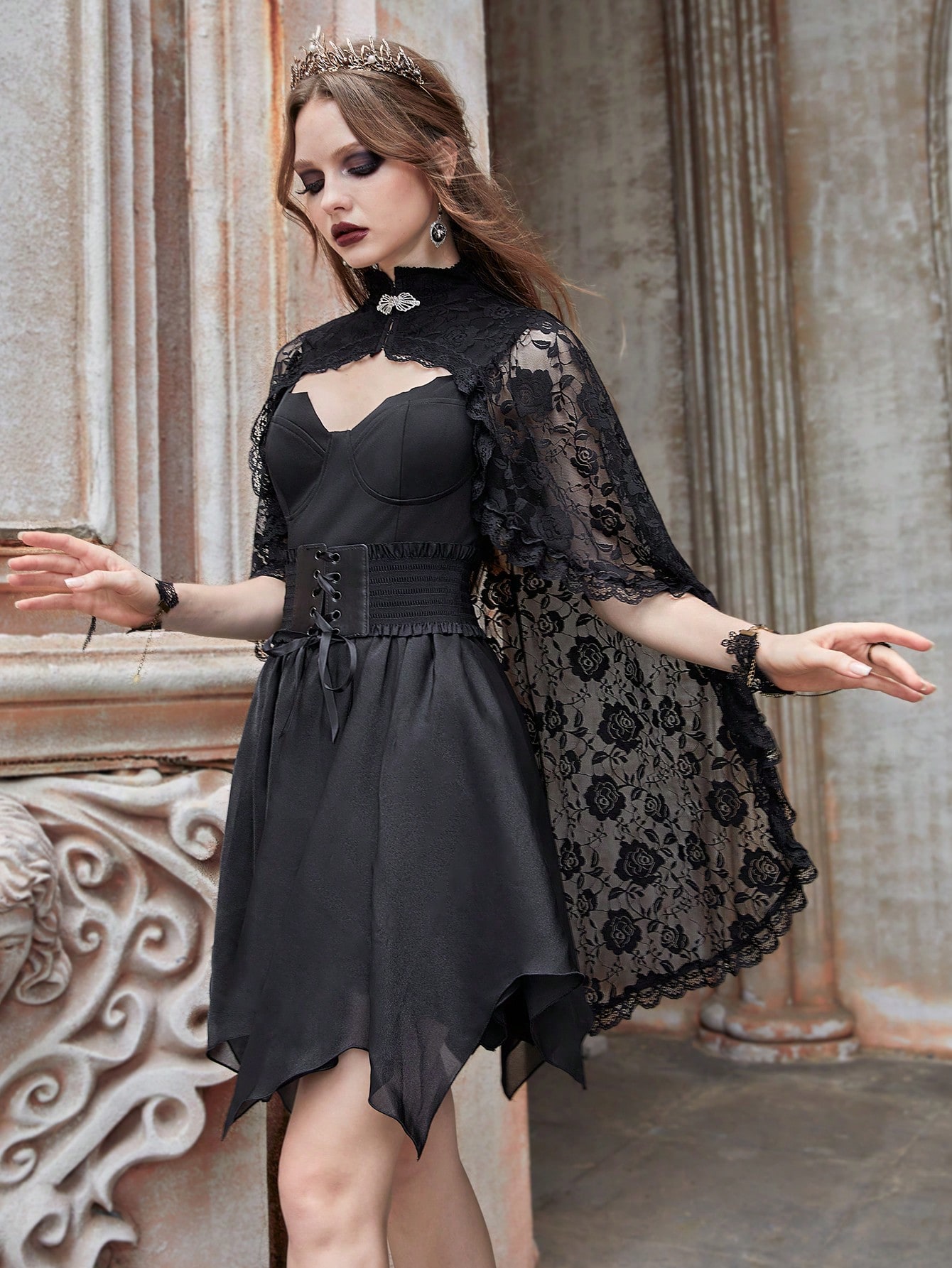Goth Contrast Lace Cloak Sleeve Mesh Top | SHEIN UK
